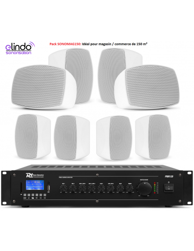 Pack Sonorisation Pro pour Magasin ou Commerce de 150m² | Amplificateur Bluetooth USB SD, 8 ...